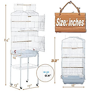 Bird Cage, MGHH Parakeet Cage with Play Open Top & Detachable Rolling Stand for Medium Small Cockatiel Canary Parakeet Conure Finches Budgie Lovebirds Pet Storage Shelf (64 Inch, White)