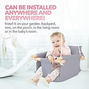 CaTeam - Canvas Baby Swing, Wooden Hanging Swing Seat Chair with Safety Belt, Durable Baby Swing Chair, Outdoor and Indoor Swing for Kids, Mounting Hardware Included, Taupe Gray