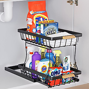 RAOHEVU Under Sink Organizers and Storage, Sliding Under Cabinet Organizer, 2 Tier Bathroom Under Sink Organizer for Kitchen with Wooden Handle