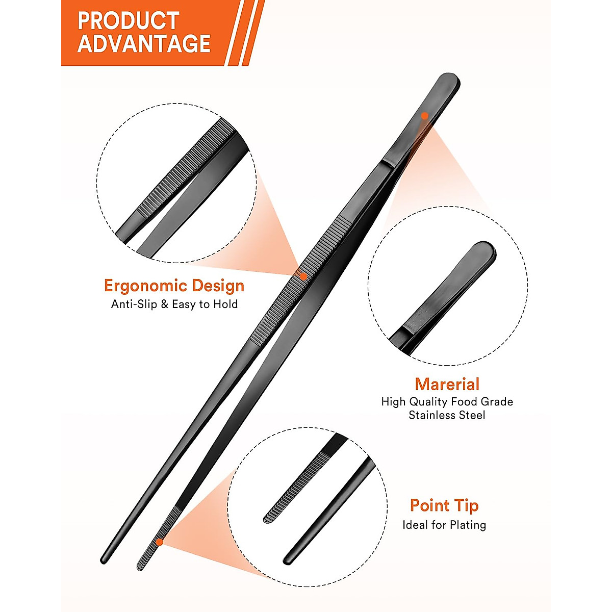 Kitchen Tweezers Fine Tweezer Tongs For Cooking, Black Stainless Steel Food Tweezers, Multi-function Precision Serrated Tips Cooking Tongs Kitchen Serving Tong (Black, 10 inch)