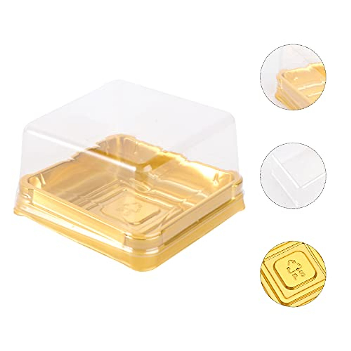 DOITOOL 150 Pcs Plastic Square Moon Cake Boxes Cupcake Boxes Plastic Mini Cake Box Golden Packing Box Cheese Pastry Display Holder for Wedding Birthday Christmas Party Supplies (2.16x2.16inch)
