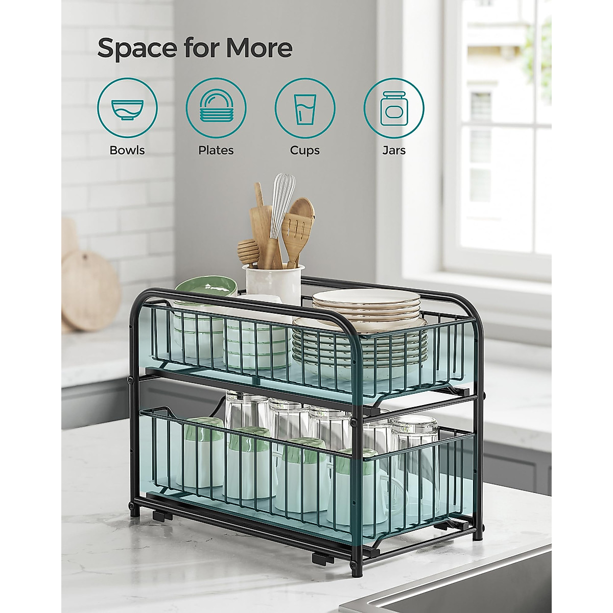 SONGMICS 2-Tier Pull Out Cabinet Organizers, Under Sink Organizer, Bathroom Organizer and Storage, Sliding Basket Drawers, Stackable for Kitchen, Bathroom, Ink Black UKCS017B01