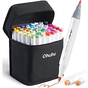 Ohuhu 48-Color Alcohol Brush Marker Set - Dual-Tip Art Markers for Adult Coloring and Illustration with Refillable Ink