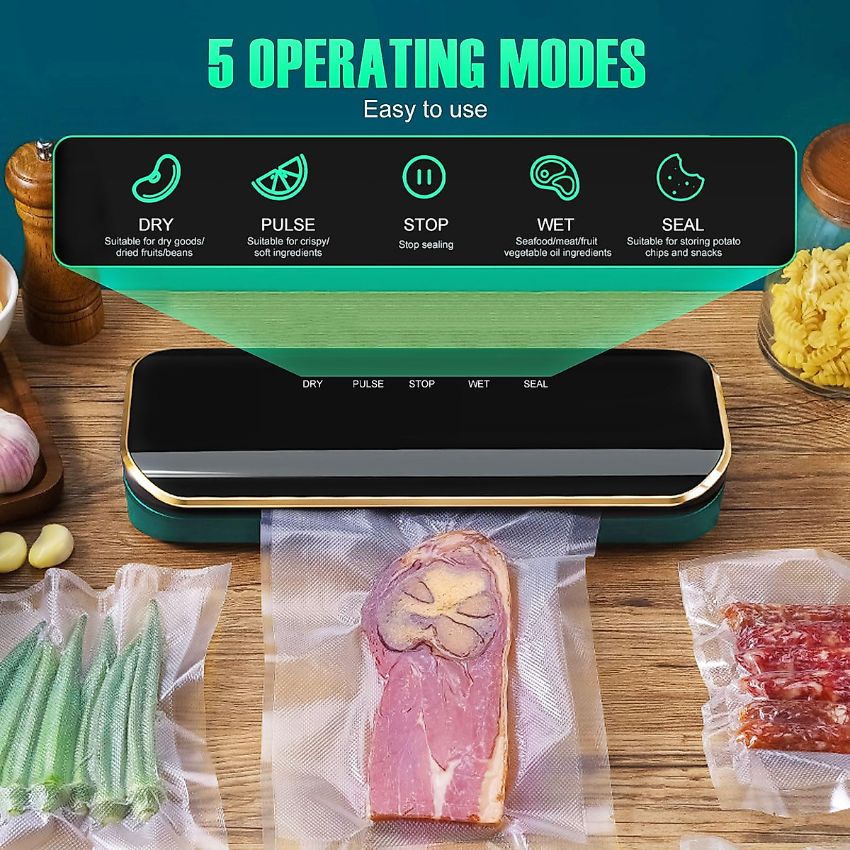 LUV Automatic Vacuum Sealer Machine: 80kpa Suction Touch Automatic Food Sealer With External Vacuum System Compact Design 10pcs Seal Bags Starter Kit Dry Moist Fresh Modes For All Saving Needs (Green)