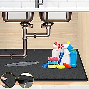 Under Sink Mat for Kitchen Waterproof ，34"x22" Silicone Under Sink Liner Drip Tray with Drain Hole ,Flexible Cabinet Mat and Protector for Kitchen Bathroom，Black