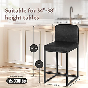 ALPHA HOME Counter Height Bar Stools, 24” Kitchen Counter Stools Set of 1, Pu Leather Kitchen Modern Bar Chairs with Back&Footrest, Sturdy Chromed Metal Steel Frame, Black