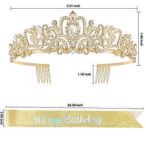 YISSION Birthday Girl Sash & Crown Gold Princess Tiara Crown for Women Girls Happy Birthday Queen Crown & Sash Birthday Tiaras & Crowns for Women Crystal Birthday Headband Birthday Party Decorations
