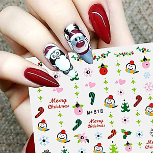 Christmas Nail Art Stickers, Snowflake Nail Decals Water Transfer Winter Nail Stickers Colorful Snowflake Santa Claus Snowman Bell Xmas Tree Sock Elk Nail Tattoo Stickers for Women Girls Kids (12