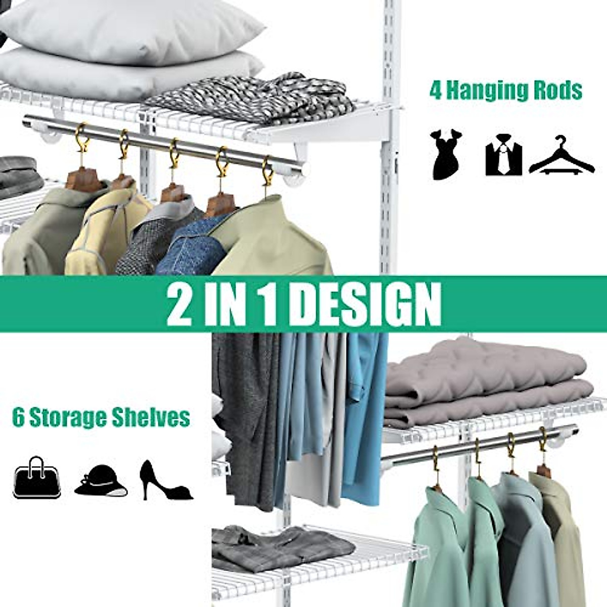 Moccha Custom Closet Organizer System, Wall Mounted Closet System with Hanging Rod, Metal Hanging Storage Organizer Rack Wardrobe with Shelves, Adjustable Closet Organizer Kit for Bedroom, White