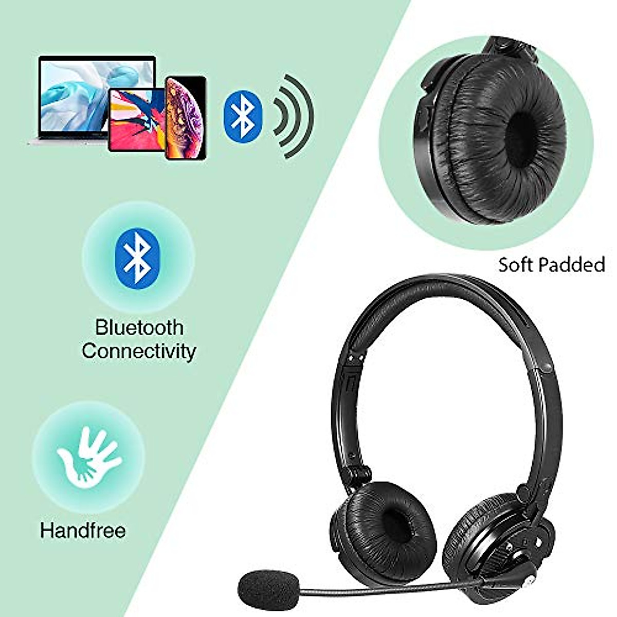 suily Bluetooth Headphones Cellphone Headset with Mic, Over Head Wireless Headphone, Noise Cancellation On-Ear Office Bluetooth Headset Earpiece for Cell Phone, Truck Driver, Office Call Center, Skype