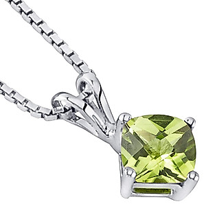 PEORA Solid 14K White Gold Peridot Pendant for Women, Genuine Gemstone Birthstone Classic Solitaire, Cushion Cut, 6mm, 1 Carat total
