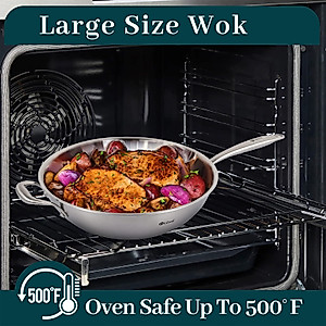 DELUXE Stainless Steel Wok Pan, 12.5" Stir Fry Pan with Steel Lid, 3-Ply Kitchen Cookware Stay-Cool Handle Large Cooking Pot for Induction Cooktop Electric Gas Ceramic, Dishwasher Oven Safe