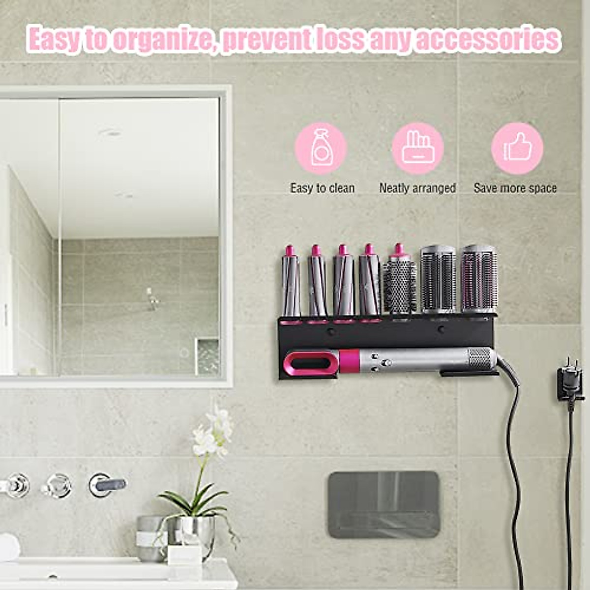 Welltop Storage Holder for Dyson Airwrap Styler Accessories, Wall Mounted Stand with Adhesive, Curling Iron Accessories Storage Shelf Fits for Bathroom Bedroom Hair Salon Barbershop