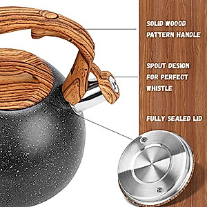 Foedo Tea Kettle, 2.7 Quart Whistling Tea Kettle Stovetop, Tea Pots for Stove Top Food Grade Stainless Steel with Wood Pattern Handle, Grey Teapot