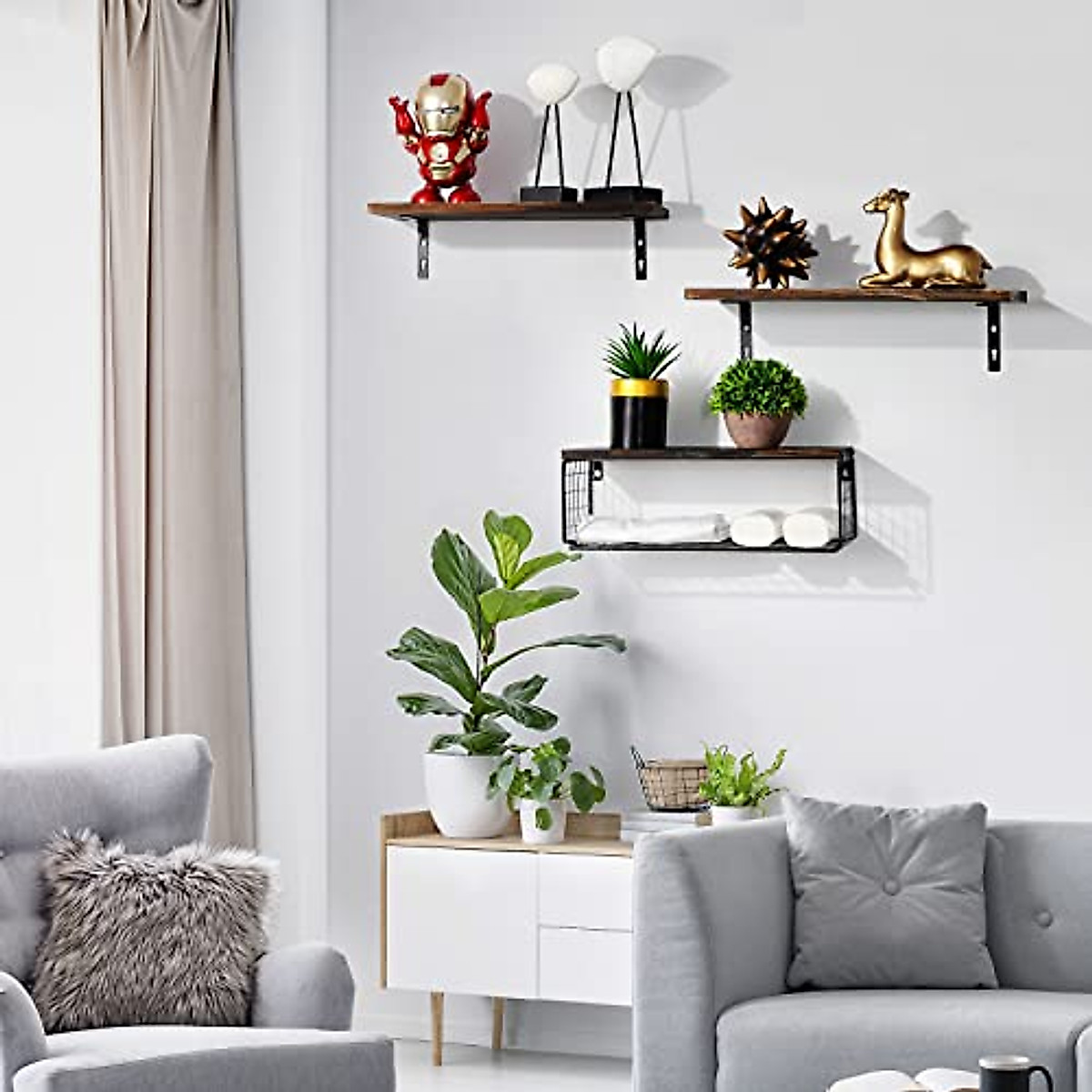 Floating Shelf ,Floating Shelves Wall Mounted Set of 3 ,Solid Wood Floating Shelves with Brackets and Basket Set,Rustic Wood Wall Shelves for Kitchen Living Room,Bedroom Shelves,Bathroom Shelf (Black)