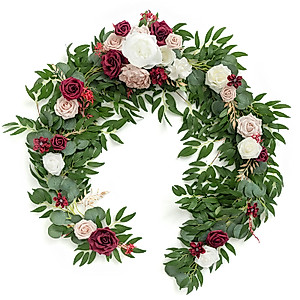 Ling's Moment Eucalyptus Garland with Flowers 6FT，Table Runner with Flowers Marsala Mantle Decor Handcrafted Wedding Centerpieces for Rehearsal Dinner Bridal Shower | Marsala