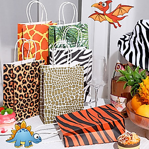 24 Pieces Animal Print Gift Bags Safari Jungle Party Favor Bag with Handle, Paper Zoo Wildlife Goodie Treat Bags Leopard Tiger Zebra Giraffe Pattern for Animal Themed Baby Shower Birthday Supplies
