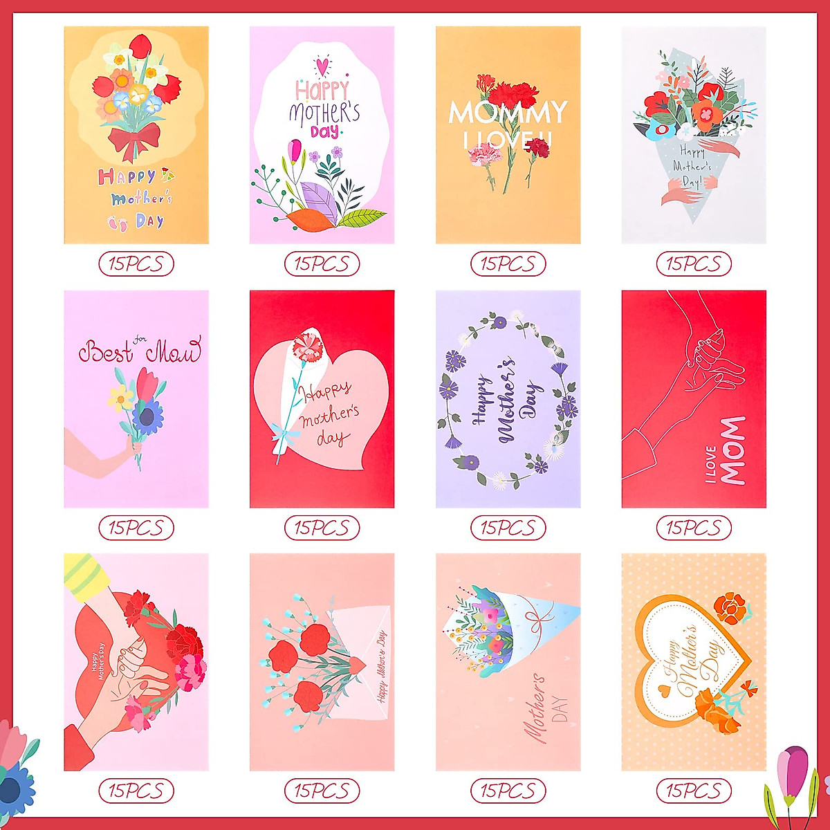 Fuutreo 180 Pack Mother's Day Card Assortment with 180 Envelopes and 180 Cute Stickers Floral Mother's Day Greeting Cards Blank Inside for Mother's Day Birthday Supplies, 4 x 6 Inch, 12designs