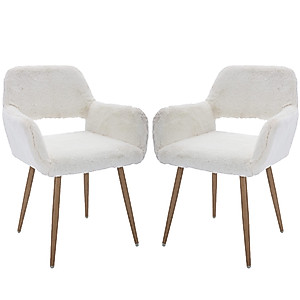 Furry Desk Chair Set of 2, Mid-Century Modern Accent Faux Fur Chair for Teen Girls, Comfy Armchair with Wood Look Metal Legs for Living Dining Room, Home Vanity Makeup Office Desk Chair No Wheel,White