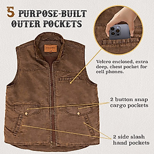 Driver Clothing Co. Men's Heavy Gauge Poly Canvas Utility Work Vest with Soft Flannel Lining and Wax Oil Weather Resistant Finish | 5 Outer Pockets and 3 Inner Pockets | Distressed Brown | XX-Large