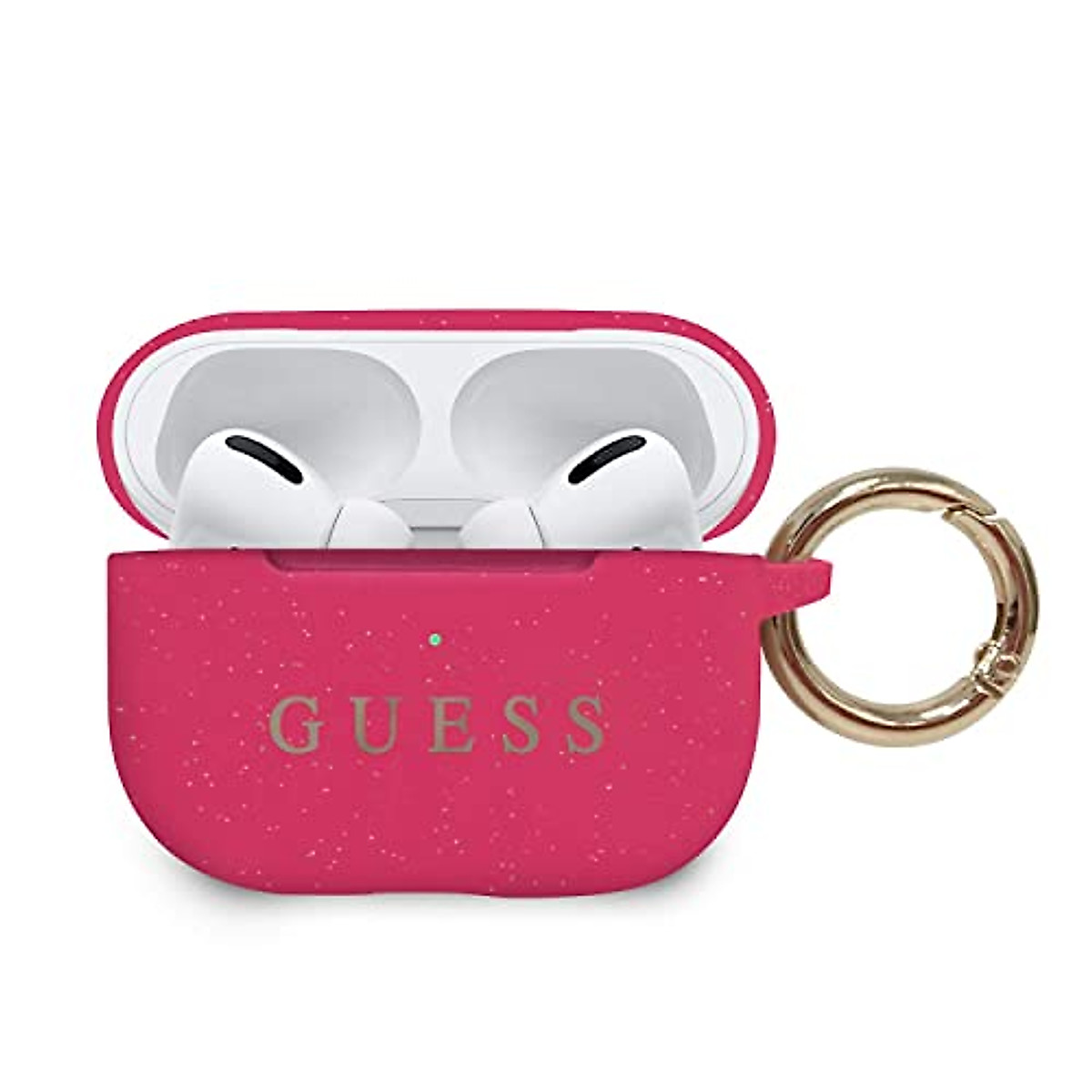 Guess AirPods Case Cover in Fuschia Glitter with Carabiner, Compatible with Apple AirPods Pro, Silicone Protective Hard Case, Shockproof, Wireless Charging, and Signature Printed Logo