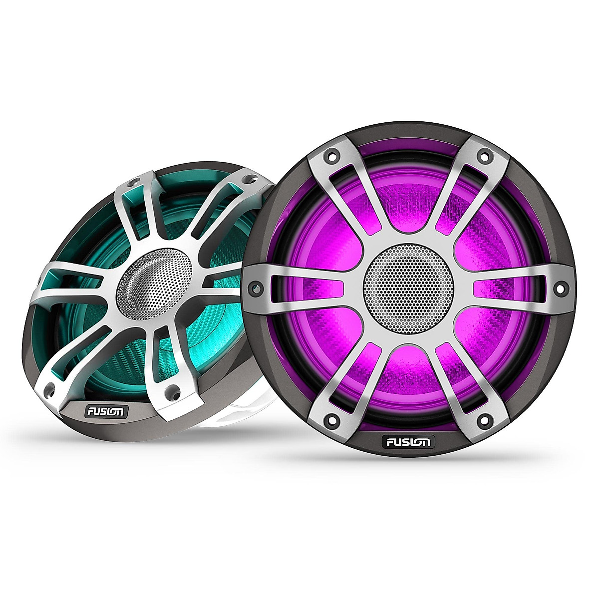 Fusion 1 Pair SG-FL773SPG 7.7" Signature i3 Series RGB LED Marine Coax Gray Sport Grills with 1 Pair Fusion MS-FM77KIT 7.7" White Flush Mount Kit