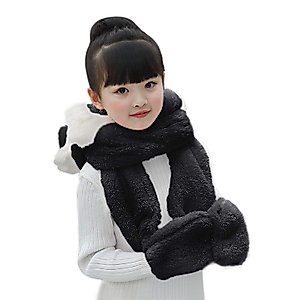 Kids Toddler Cartoon Fleece Hat Gloves Scarf 3 in 1 Set Girls Boys Winter Cute Warm Long Hoodie Earflap Hat A-Black