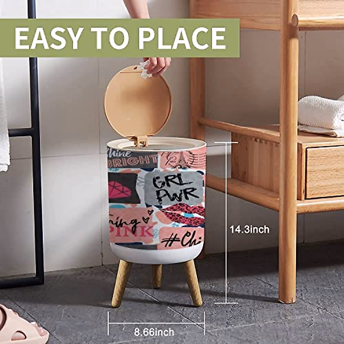 Small Trash Can with Lid for Bathroom Kitchen Office Diaper hand drawn fashion girls Colourful modern teenagers graffiti elements Bedroom Garbage Trash Bin Dog Proof Waste Basket Cute Decorative