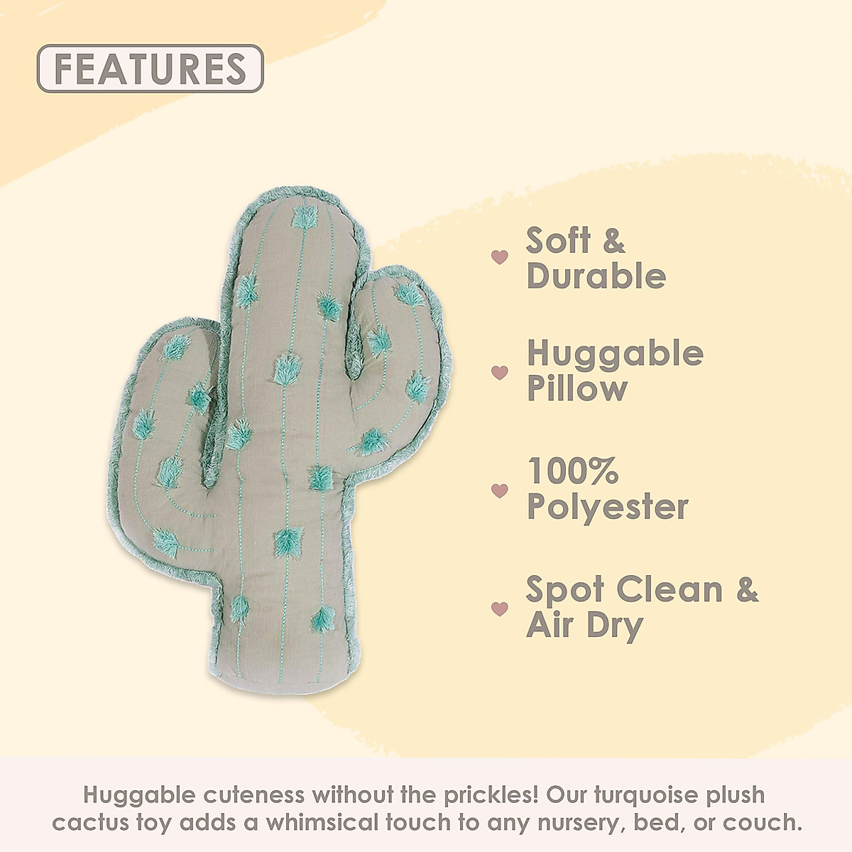 Mon Ami Soft Plush Cactus Toy, Turquoise, 1Pc, Green - 19", Huggable Cactus Shaped Pillow, Decorative Accessory Cushion for Nursery, Child’s Bed/Couch
