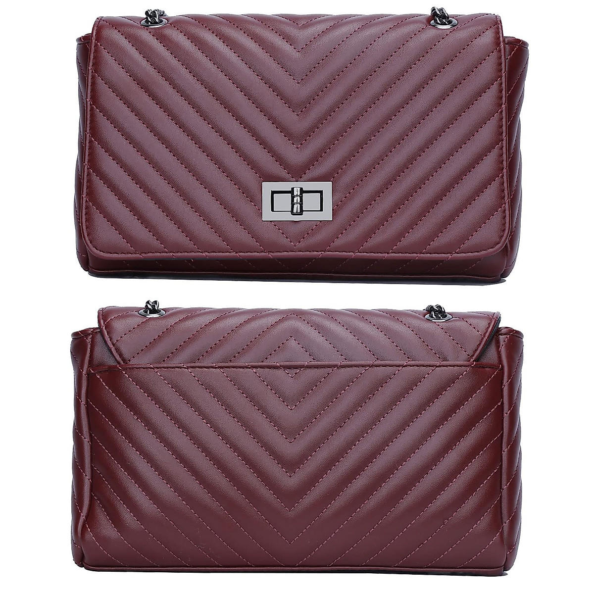 KKXIU Quilted Multiple Pocket Women Crossbody Bag with Chain Strap Stylish Ladies Shoulder Clutch Purse (a-Wine)