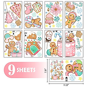 Mfault 148 PCS Merry Christmas Gingerbread Window Clings 9 Sheets, Xmas Ginger Bread Man Pink Candy Cane House Stickers Decals Decorations, Winter Snowflake Living Room Home Kitchen Decor Holiday Gift