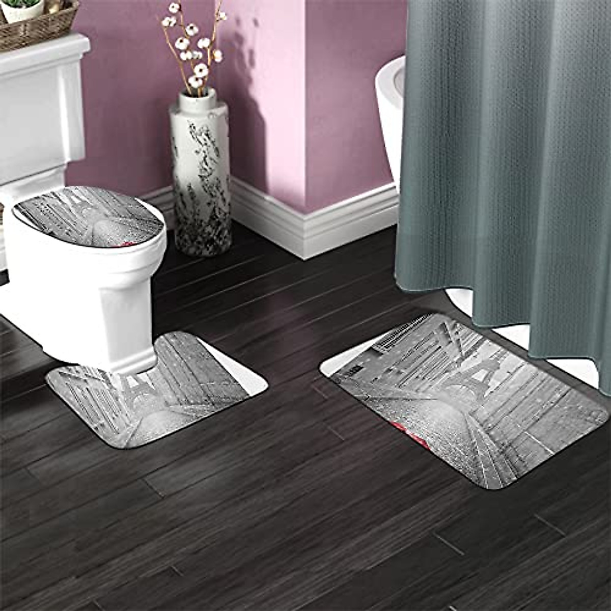 WONDERTIFY Red Umbrella Eiffel Tower Bathroom Antiskid Pad Paris France Rainy Street 3 Pieces Bathroom Rugs Set, Bath Mat+Contour+Toilet Lid Cover Black White