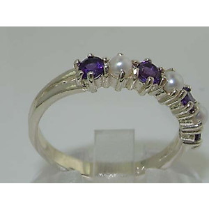 925 Sterling Silver Cultured Pearl & Amethyst Womens Anniversary Ring - Size 8