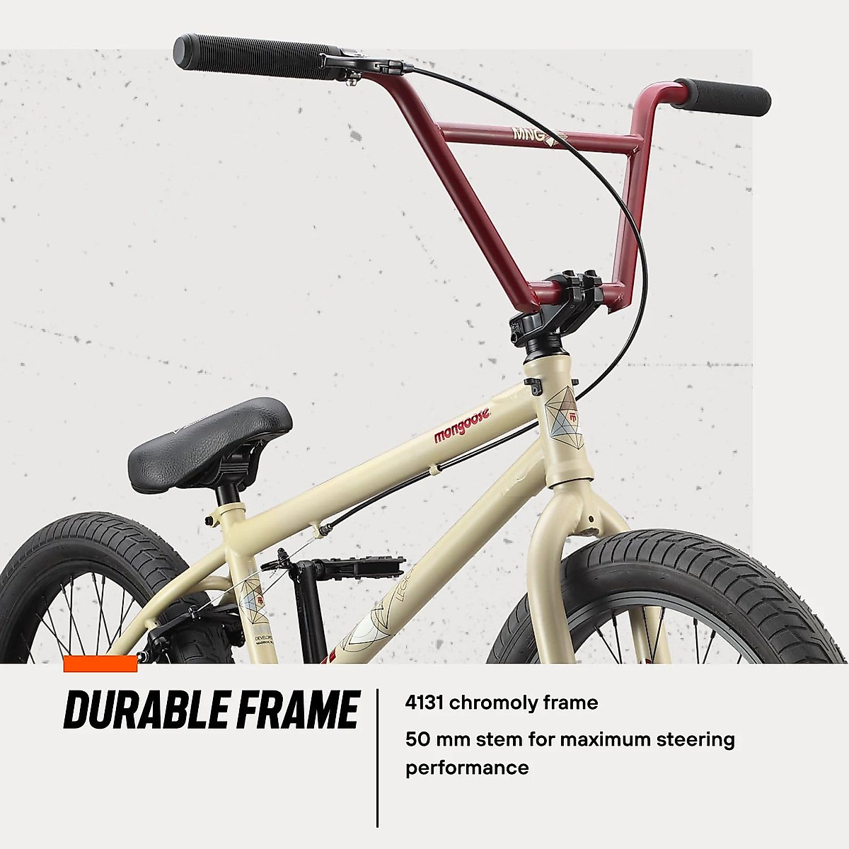 Mongoose Legion L80 Freestyle BMX Bike for Advanced-Level Riders, Adult Men Women, 4130 Chromoly Frame, and 20-Inch Wheels, Tan