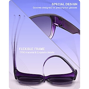 Meeloog Polarized Fit Over Glasses Sunglasses for Women, Square Wrap Around Lightweight Shades for Driving Riding MST0099 (P1 Purple Frame/Gradient Grey Lens)