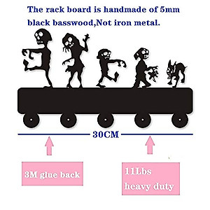 Zombies Attack Key Hook for Wall,Black Wooden Cat Key Holder with 5 Metal, Install by Strong Adhesive Sticker or Nail,Wall Décor for Entryway,Gift.(A1)