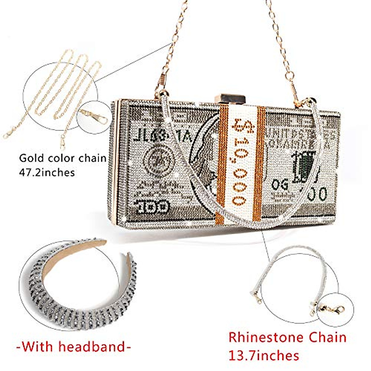2 Pieces Set Rhinestone US Dollar Money Purse Party Evening Handbags Wedding Dinner Bag, Stack of Cash Clutch Purses,with Crystal Headbands (Grey)