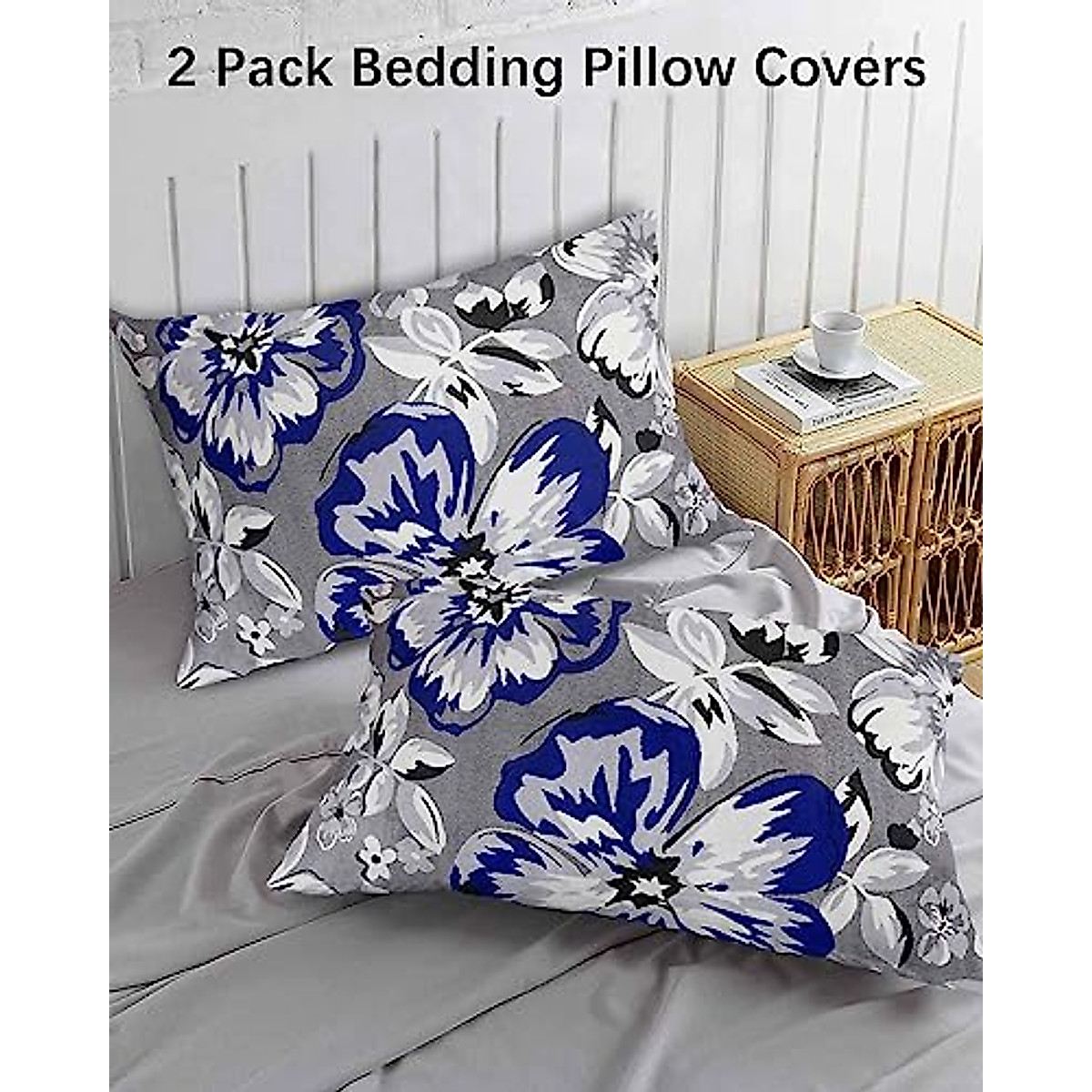 Spring Floral Pillow Covers King Standard Set of 2 Bed Pillow, Navy Blue Summer Flower Farmhouse White Grey Plush Soft Comfort for Hair/ Skin Cooling Pillowcases with Envelop Closure 20''x36''