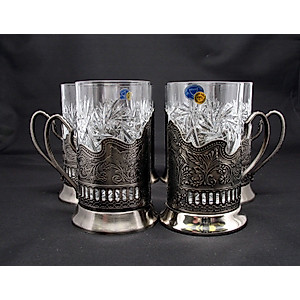 Combination 6 Russian CUT Crystal Drinking Tea Glasses W/metal Glass Holders "Podstakannik" for Hot or Cold Liquids