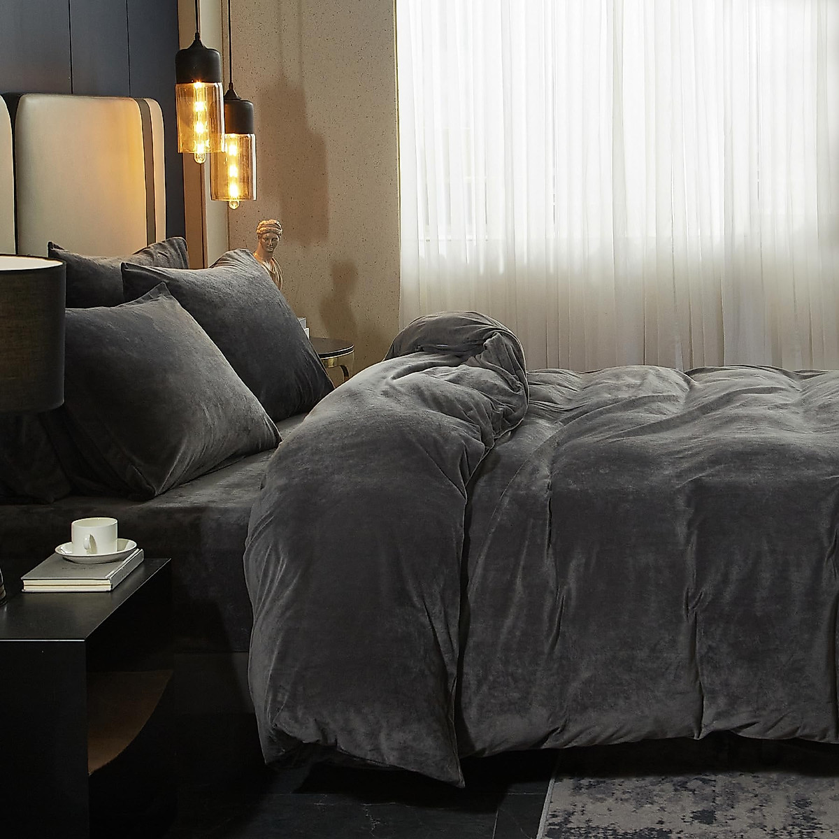 SE SOFTEXLY Velvet Duvet Cover King Size, Soft Flannel Duvet Cover with Zipper Solid Breathable Silky Velour Comforter Cover, Cozy Winter Duvet Cover Set with 2 Pillowcases, 90" x 104", Charcoal Grey