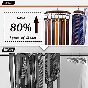 Belt Hanger, 14 Hooks Belt Holder for Closet, Wooden Tie/Belt Rack for Storage, 360°Rotating Belts Organizer for Closet Space Save Organizer for Tie, Tank Top, Scarf-Walnut Wood with Chrome Hooks