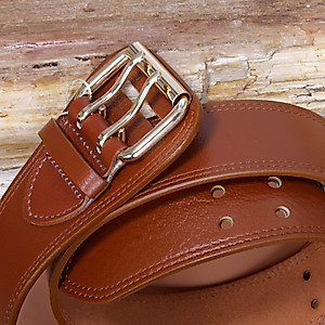 beltiscool Women's Litchi Veined Double Stitch Double Hole Tapered Leather Belt, Tan | small-30