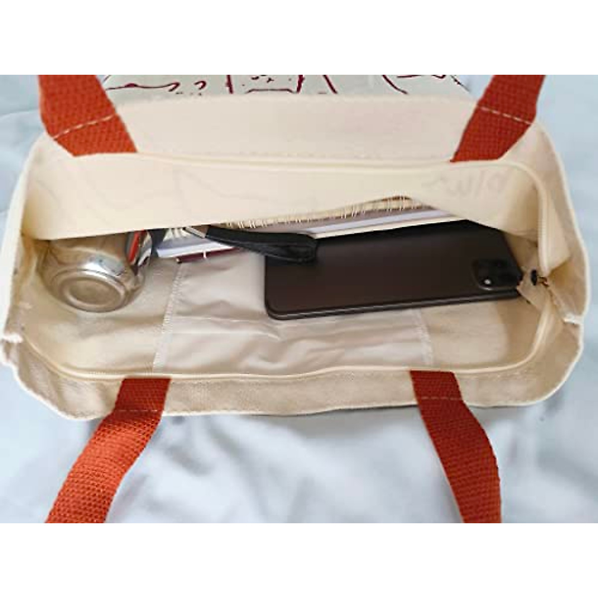 Komociya Cute Cat Canvas Tote Bag Aesthetic with Zipper for Women, Reusable Canvas Tote Bag for Grocery Shopping