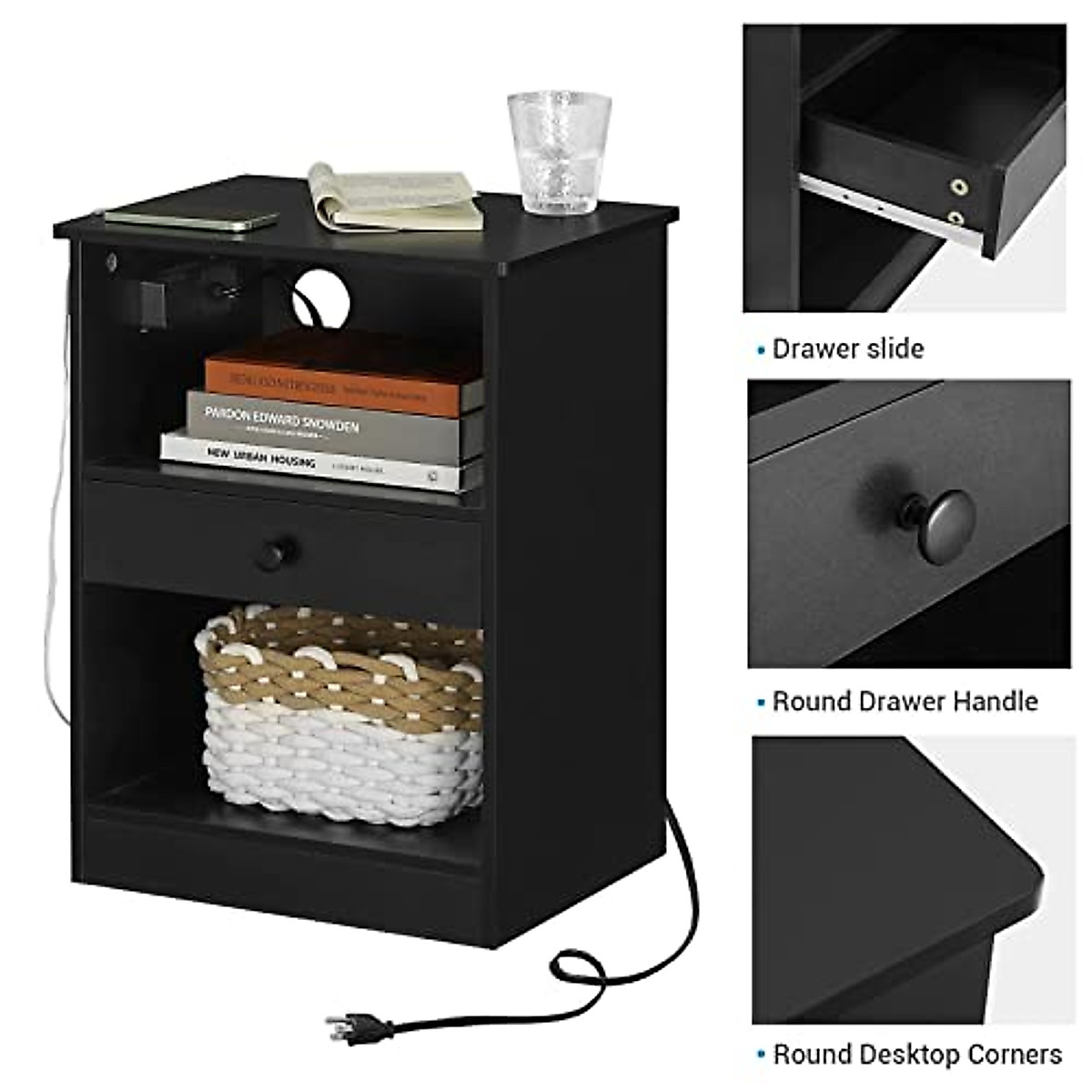 EPHEX Set of 2 Nightstand with Charging Station and Drawer, End Side Table with USB Ports & Power Outlet, Bedside Table Storage Cabinet with 2 Open Drawers for Bedroom, Black