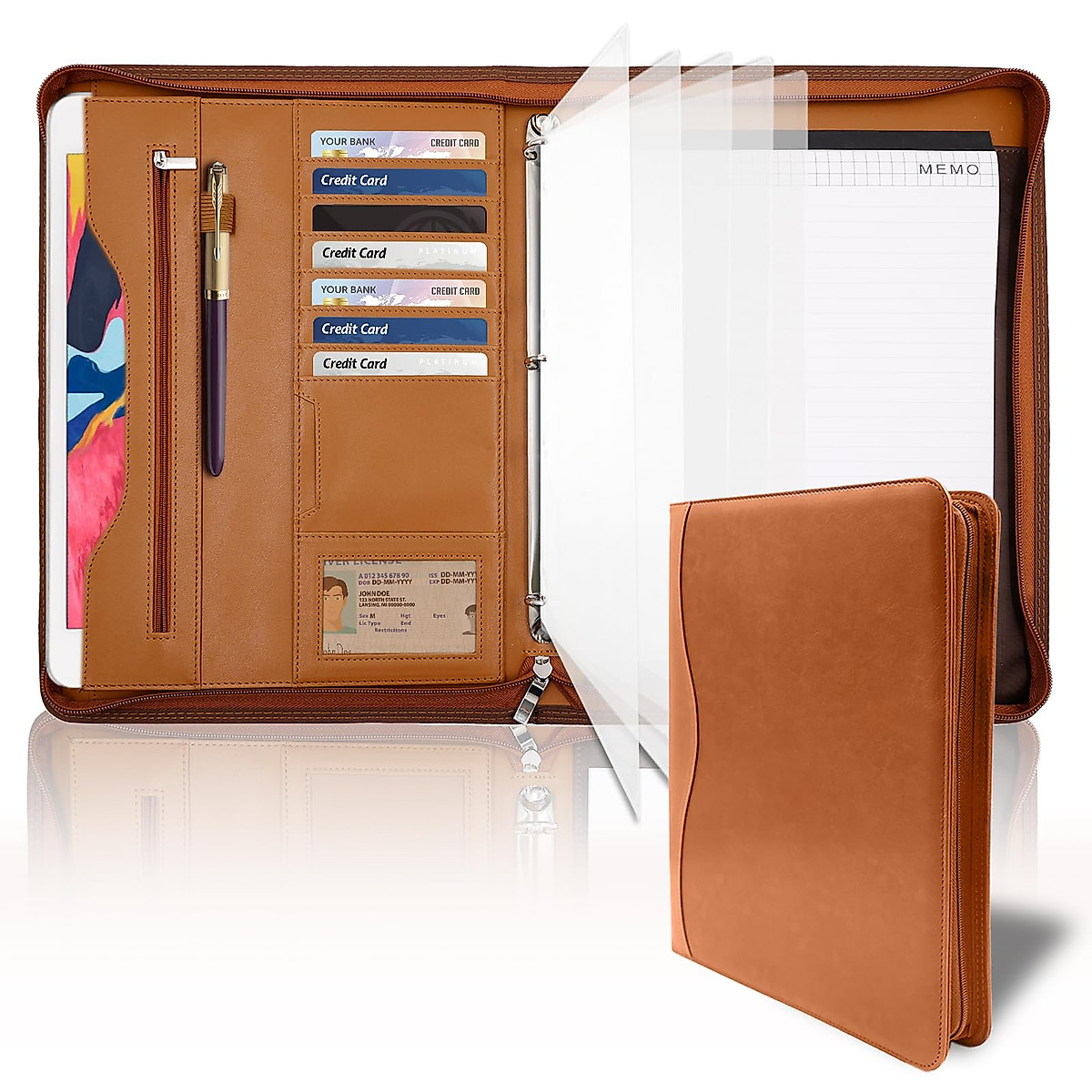 Linaxbong Padfolio Portfolio Business Binders—3 Ring Binders，Secure Zippered Closure，Resume padfolio Business Organizer—Pu Leather Padfolio Portfolio Binders for Men & Women (Brown)