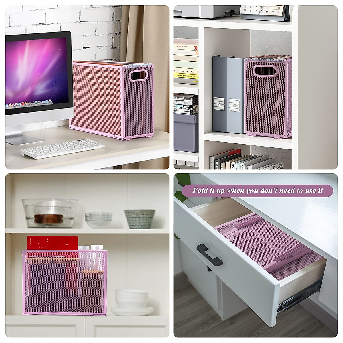 Oterri Hanging File Organizer, Portable Desktop File Organizer Mesh Detachable Foldable File Folder Organizer 12.2*5.5*9.44 inch for Letter Size Folders, File Holders for Office/Home(Pink, 2 Pack)