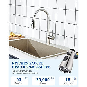 Kitchen Faucet Head Replacement with 15 Adapters - 3 Functions Pull Down Spray Head for Kitchen Faucet, Pull Out Faucet Sprayer Head Nozzle, Kitchen Sink Faucet Sprayer Head Parts, Brushed Nickel