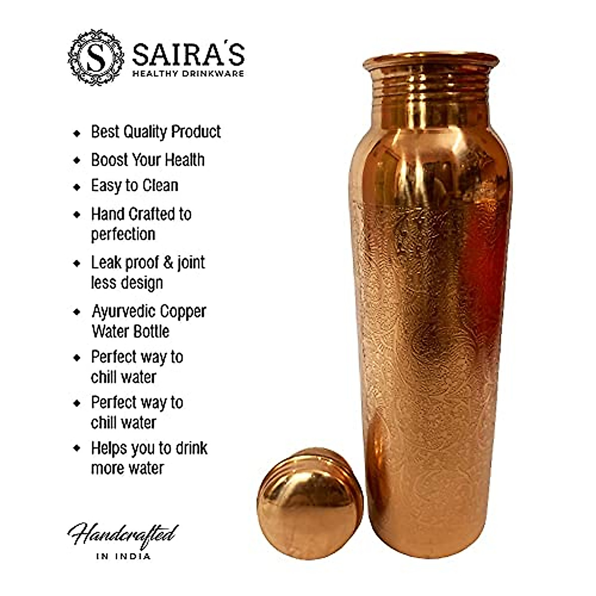 SAIRA’S 100% PURE COPPER WATER BOTTLE - LARGE 32 OZ - Boost Your Health - Huge Benefits - Handcrafted To Perfection - Keep Hydrated - Ayurvedic Water Bottle – Drink More Water - The Perfect way To Chill Water - Leak Proof Design - Perfect For Gift-Carved