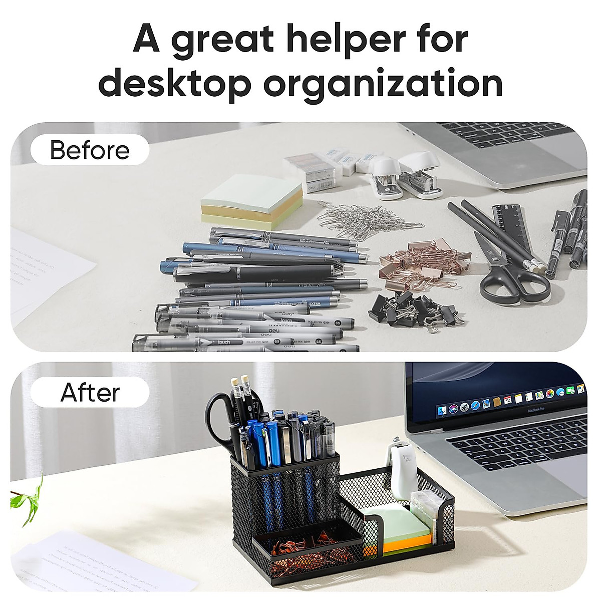 deli Mesh Desk Organizer Office Supplies Caddy with Pencil Holder and Storage Baskets for Desktop Accessories, 3 Compartments, Black