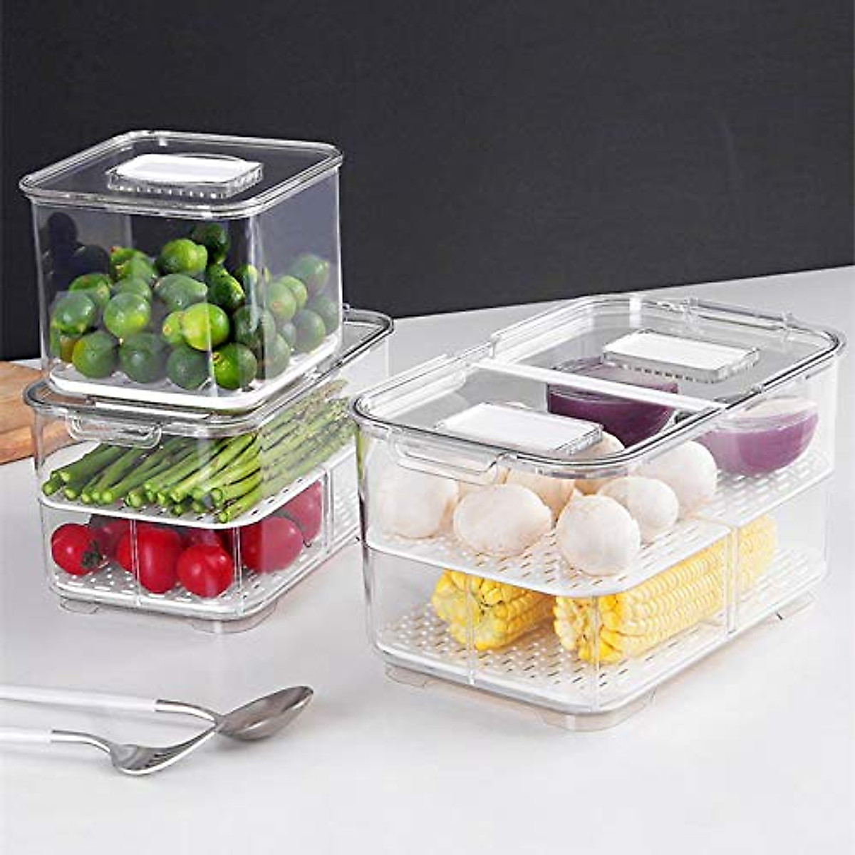 SANNO Refrigerator Food Storage Containers Stay Fresh,Food Storage Container Bin Stackable Refrigerator Freezer Organizer Fresh Keeper Drawers with Vented Lids and Removable Drain Tray